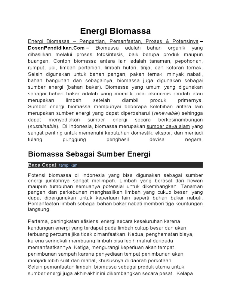 Pemanfaatan Energi Biomassa di Indonesia | PDF