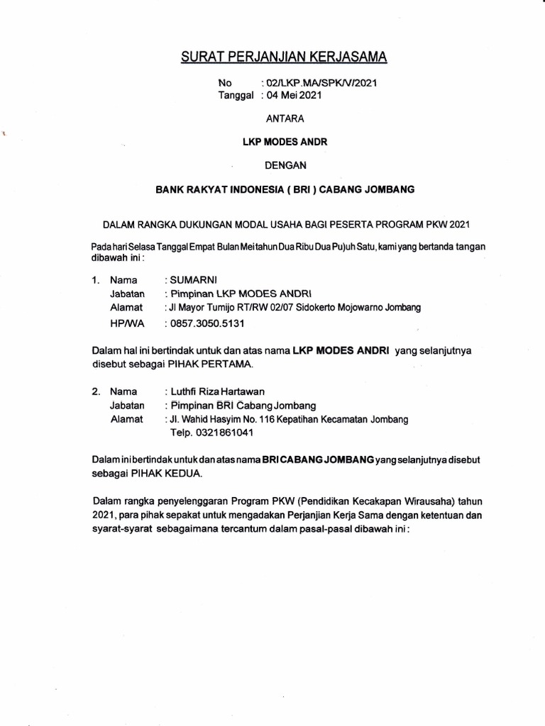 Contoh MOU Kerjasama Usaha 2021 | PDF