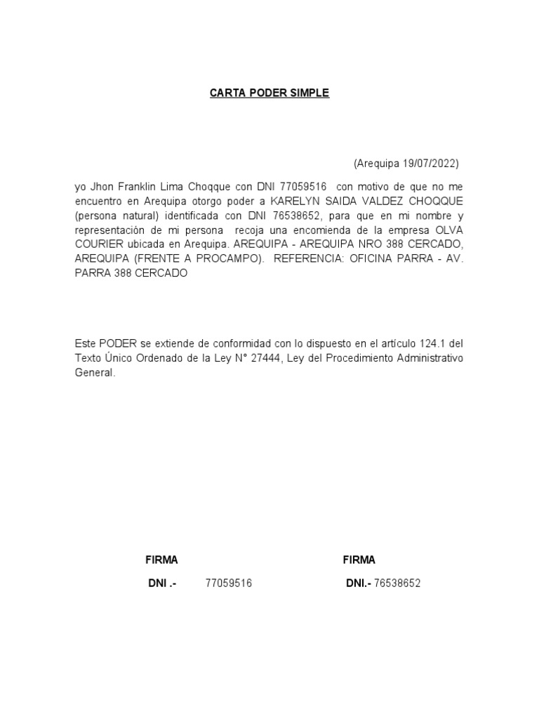 Carta Poder Simple Olva Corrier | PDF