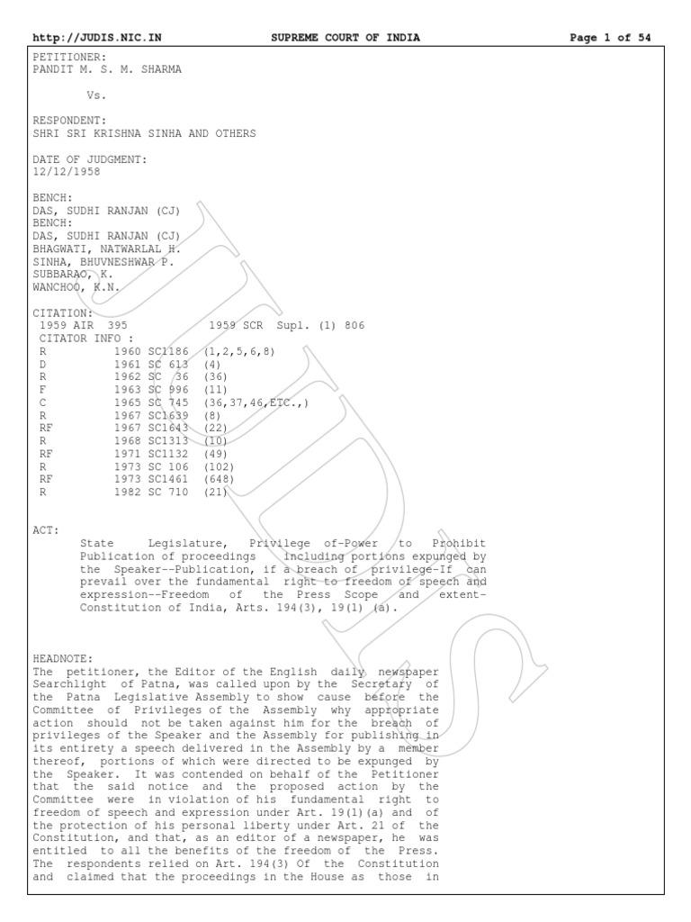 M.S.M. Sharma v. Sinha: Press Freedom Case | PDF | Constitution ...