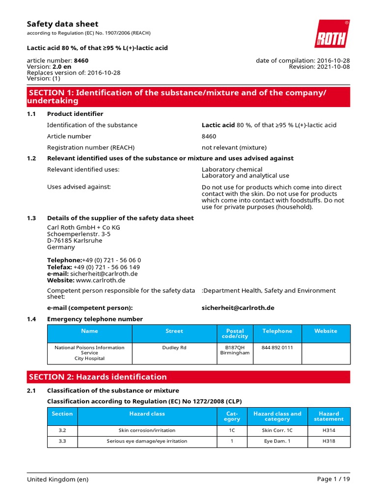 SDS Lactic Acid | PDF | Dangerous Goods | Toxicity
