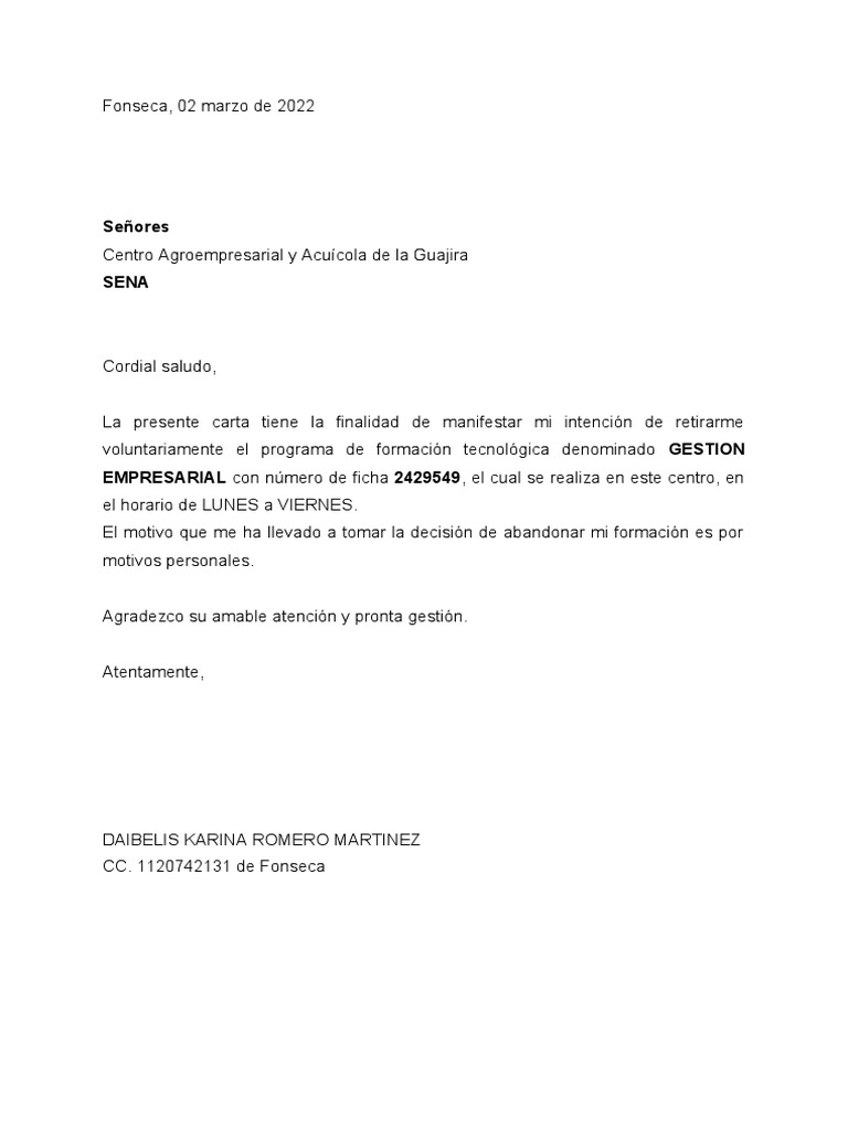 Carta Retiro Voluntario Sena | PDF Carta Retiro Voluntario Sena | PDF