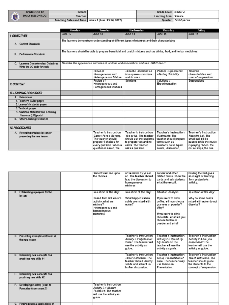 Quarter 1 Week 2 | PDF | Mixture | Teachers