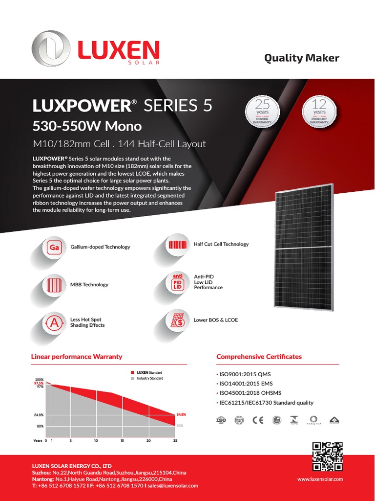 LUXEN SERIES 5 182 144cells 530-550w MONOFACIAL | PDF | Solar Cell ...