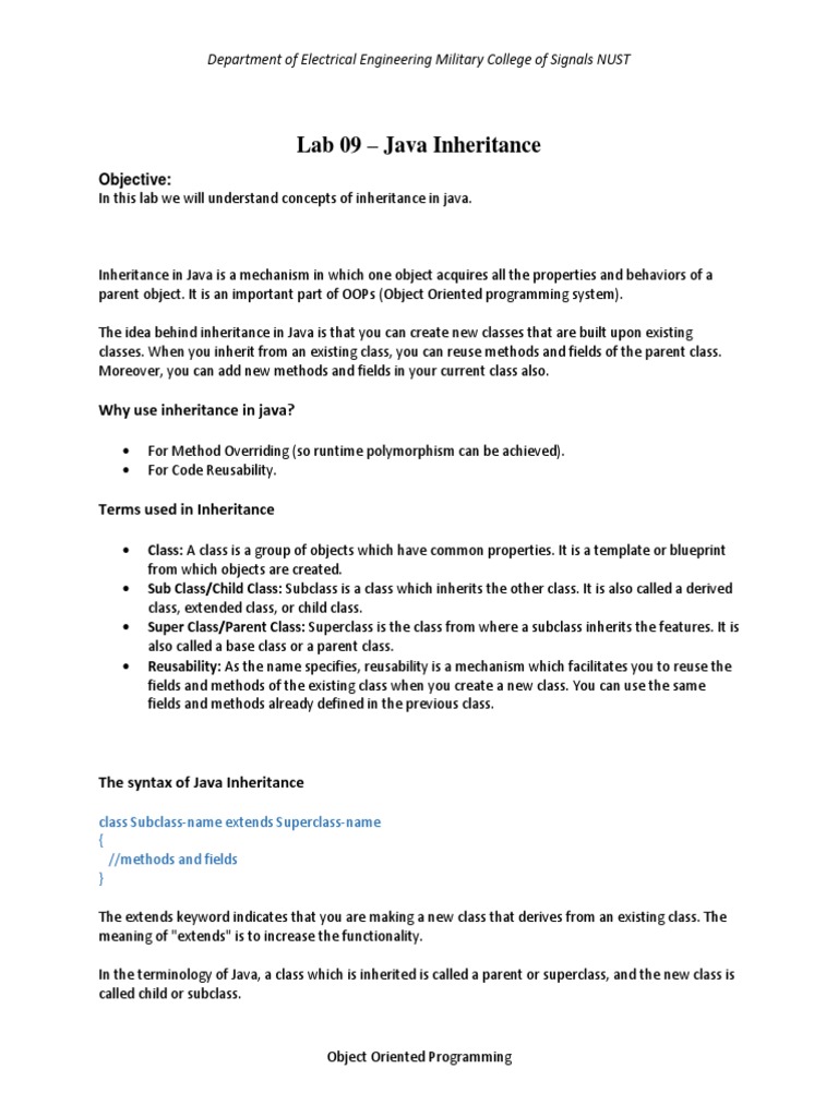 Lab 09 Java Inheritance Pdf Inheritance Object Oriented Programming Class Computer