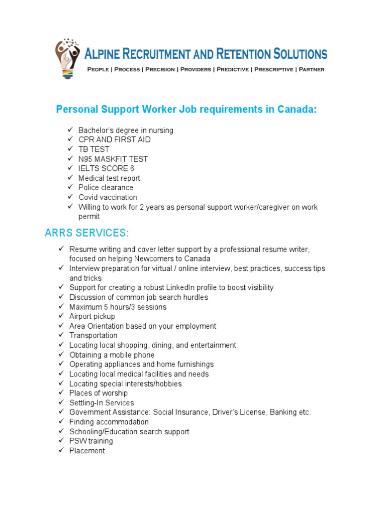 Personal Support Worker Job Requirements in Canada:: Arrs Services | PDF