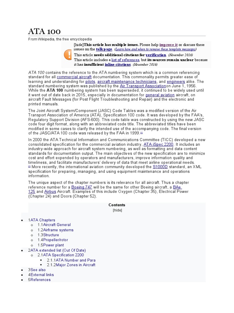 ATA 100 Contains The Reference To The ATA Numbering System Which Is A ...