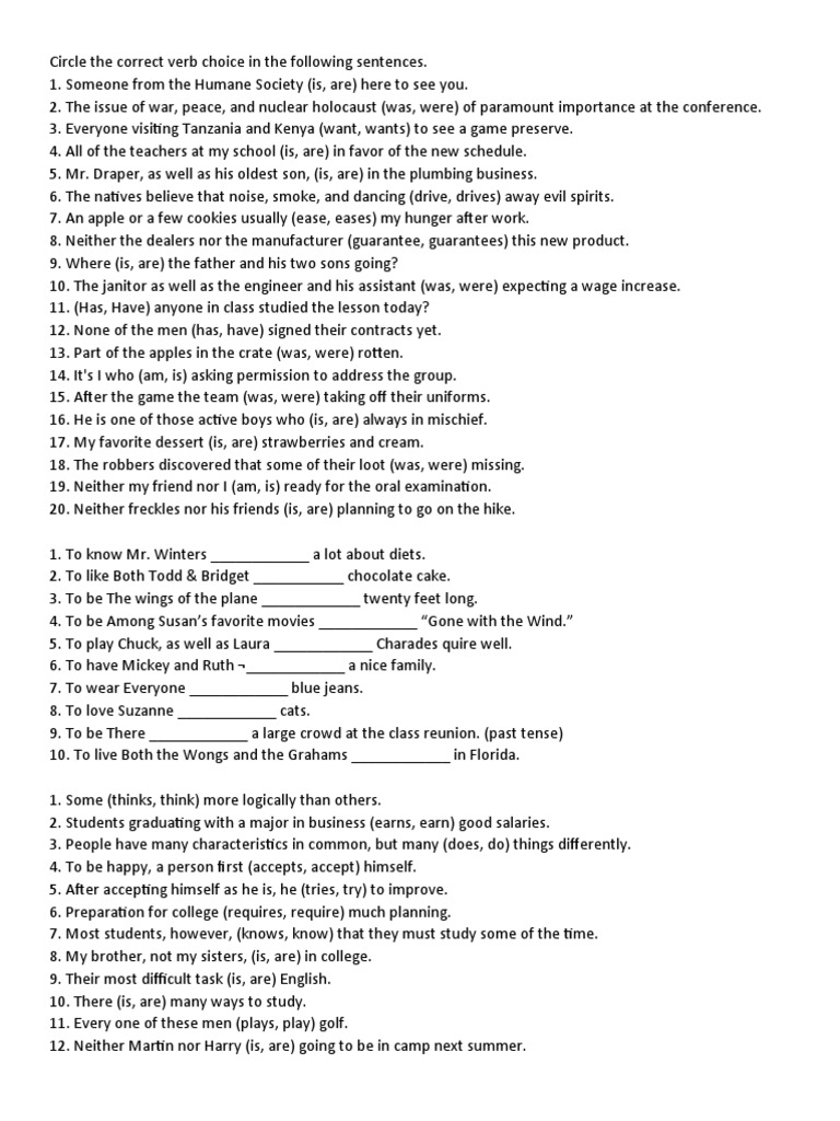 Verb Agreement Practice Worksheet | PDF | Verb | Linguistics