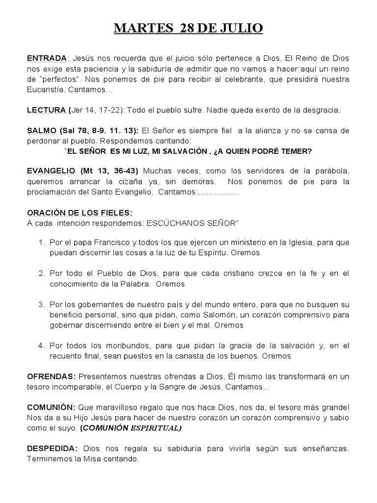 Guión de Misa Del 28 Al 31 de Julio | PDF | eucaristía | Misa (liturgia)