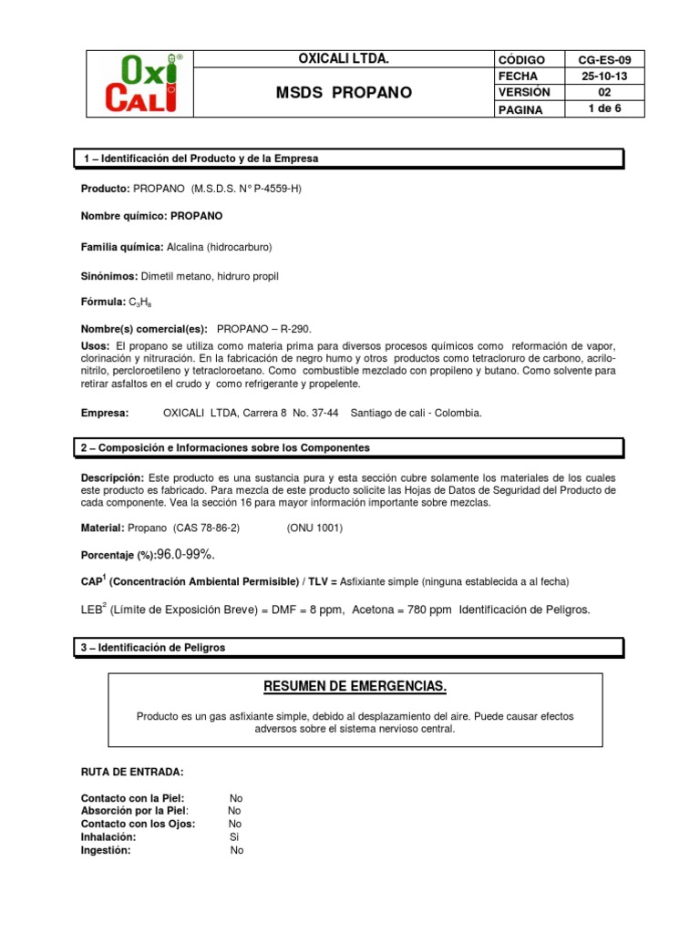MSDS Gas Propano | PDF | Oxígeno | Propano