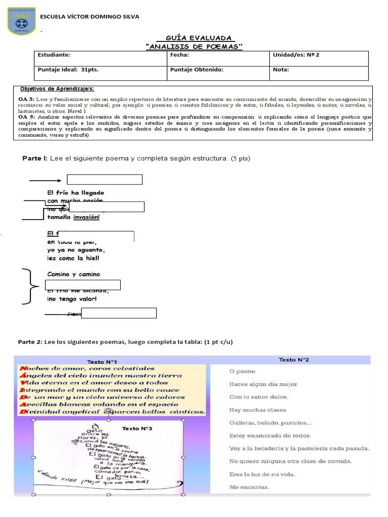 Gúía Evaluada Analisis de Poemas 5º | PDF | Poesía | Rima