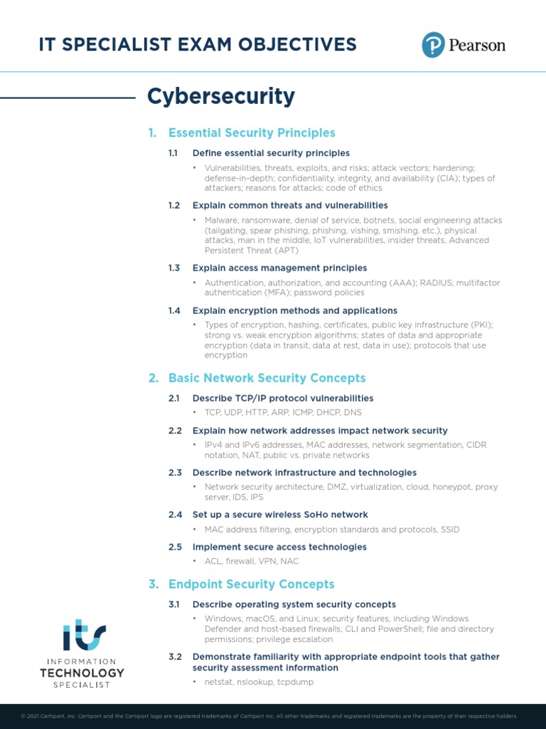 Cybersecurity: It Specialist Exam Objectives | PDF | Security ...