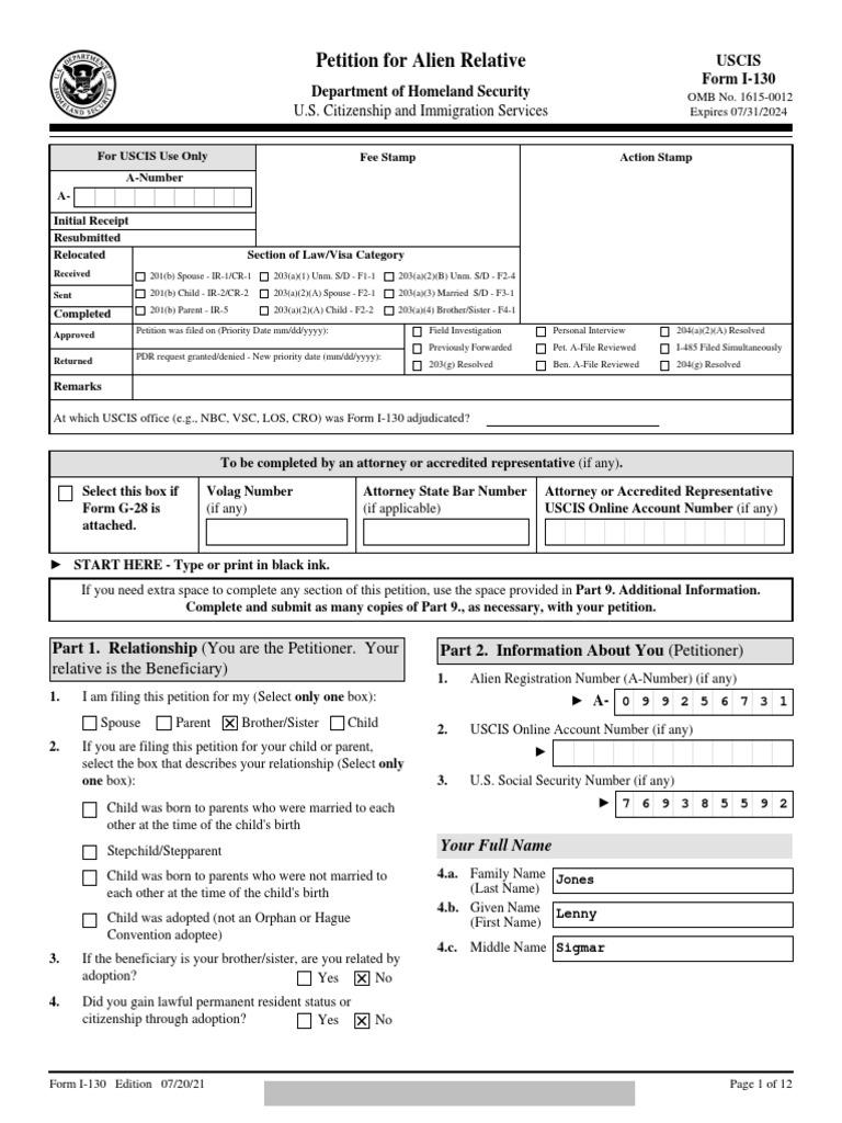 Petition For Alien Relative: U.S. Citizenship and Immigration Services ...