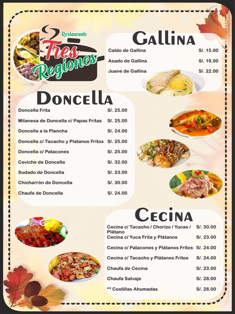 menú restaurante peruano con platos de gallina, doncella, cecina y más ...