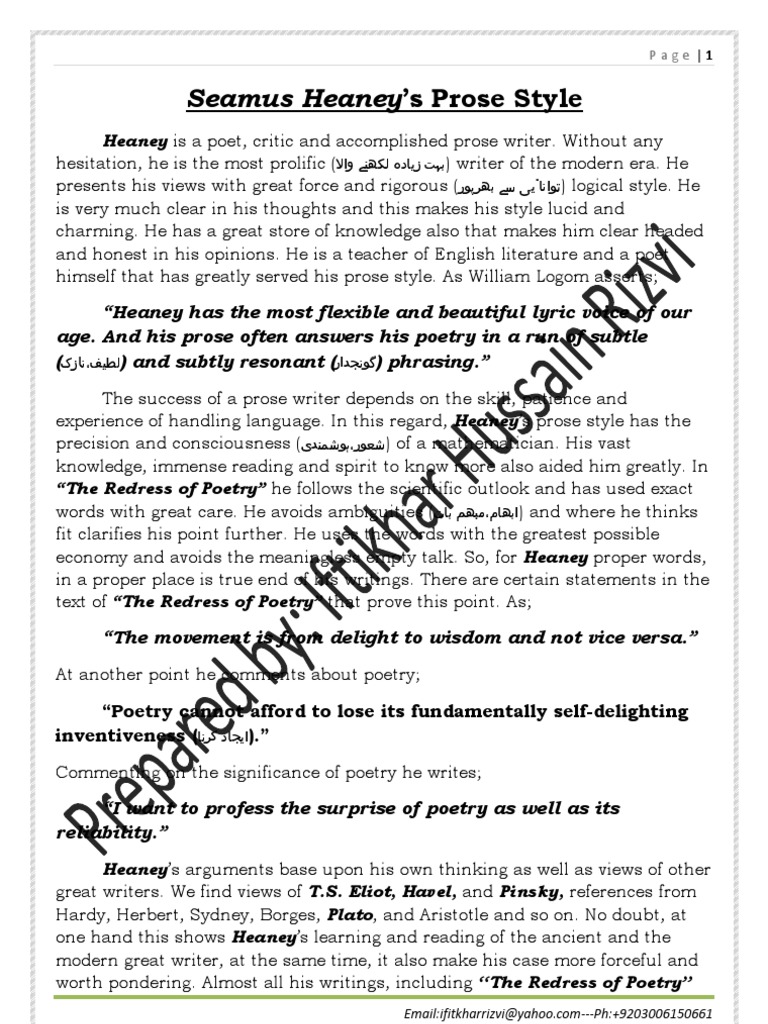 Punjab University Lahore, M.A English Part One Notes - Seamus - Heaney ...