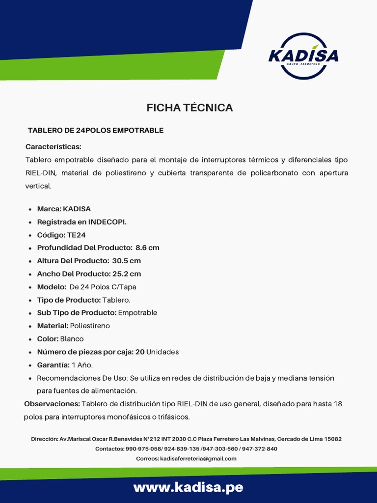 Tablero de Distribución 24 Polos KADISA | PDF