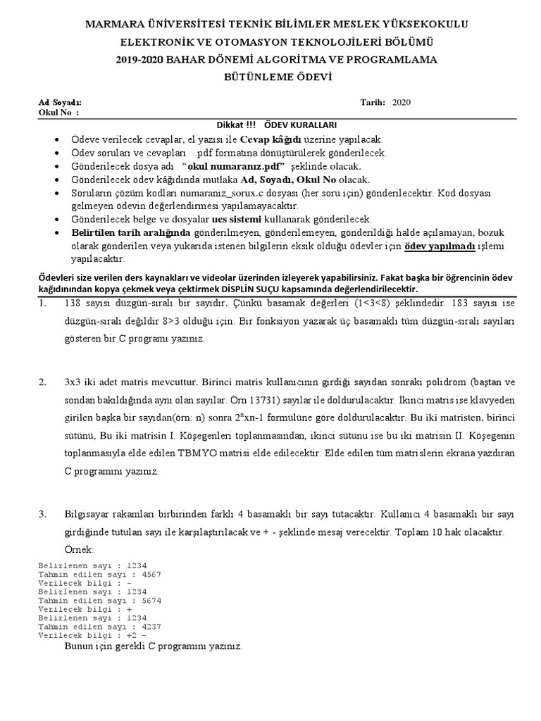 2019 2020 Algoritma Ve Programlama Butunleme | PDF