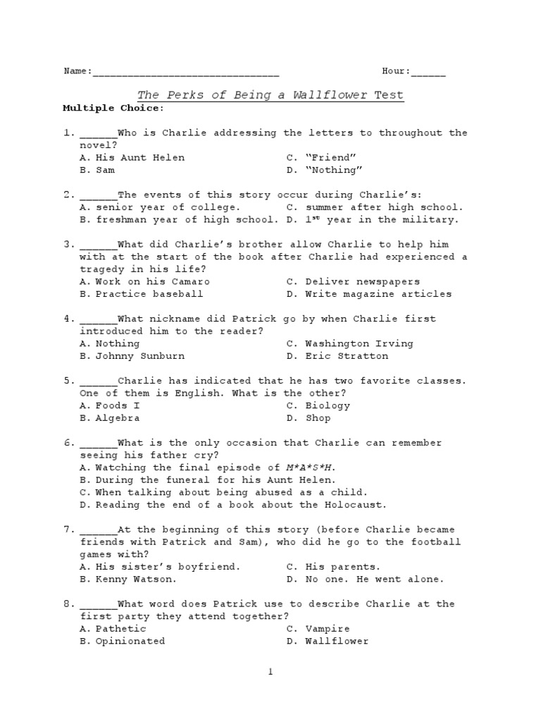 The Perks of Being A Wallflower: Multiple Choice | PDF | Mystery ...