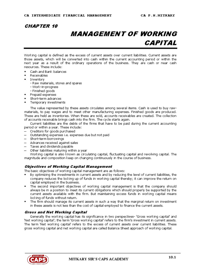 Ca Inter FM Chapter 10 Management of Working Capital | Download Free ...