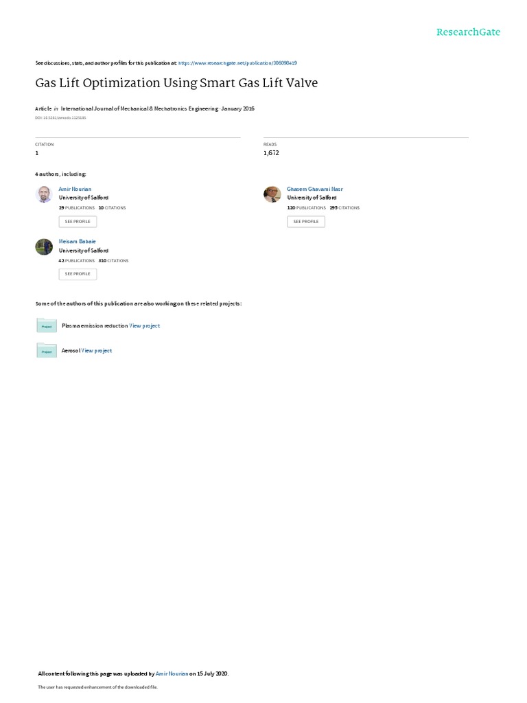 Gas Lift Optimization Using Smart Gas Lift Valve | PDF | Gases | Lift (Force)