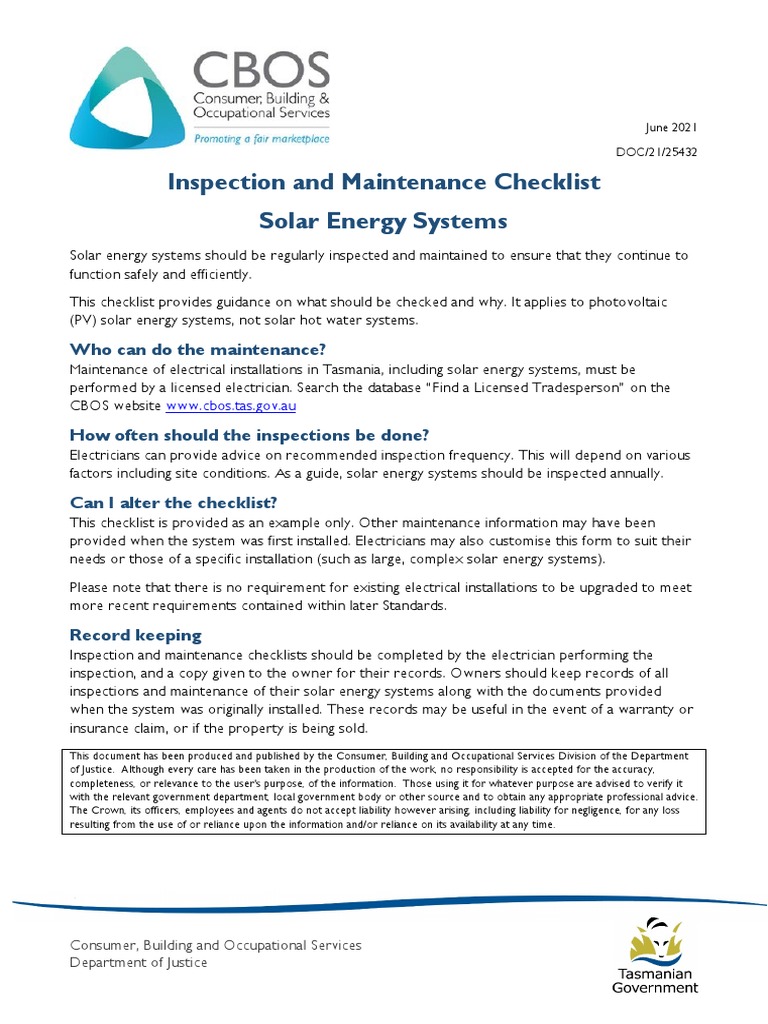 Inspection and Maintenance Checklist Solar Energy Systems: Who Can Do ...
