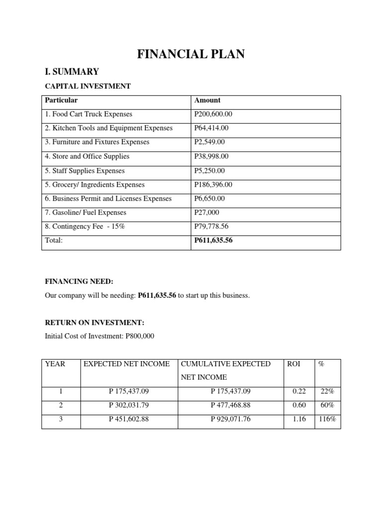 Financial Plan: I. Summary | PDF | Balance Sheet | Equity (Finance)
