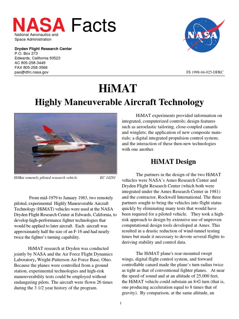 NASA Facts HiMAT Highly Maneuverable Aircraft Technology 1998 | PDF ...