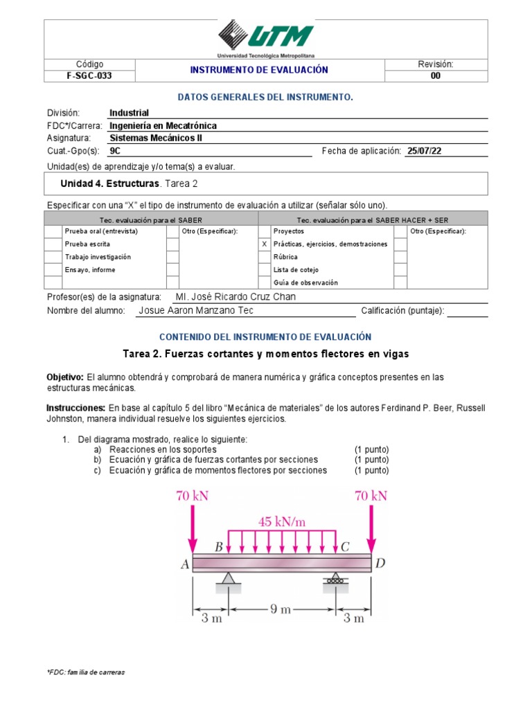 Sis. Mec. 2-U4. Tarea 2D | PDF | Viga (Estructura) | Evaluación