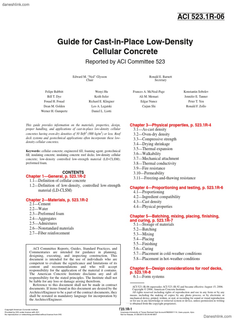 Guide For Cast-in-Place Low-Density Cellular Concrete: ACI 523.1R-06 ...