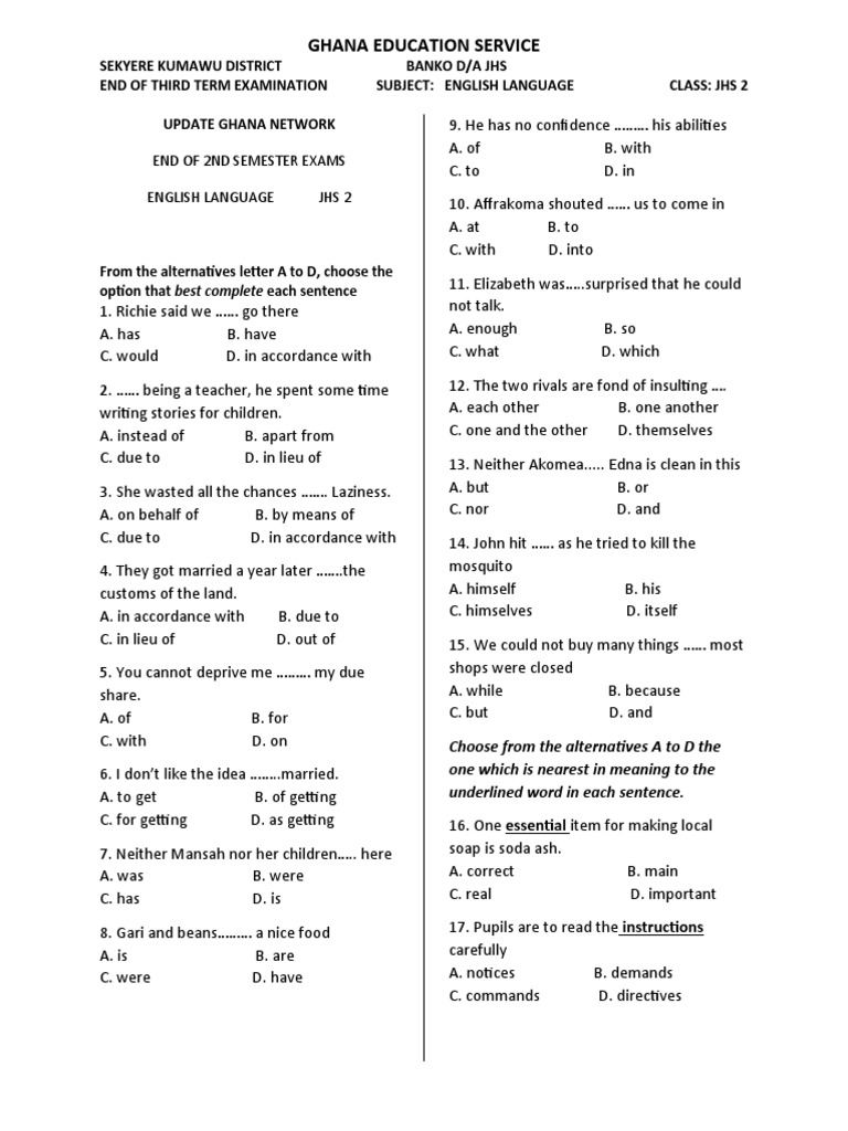 Ghana Education Service: End of 2Nd Semester Exams English Language Jhs ...