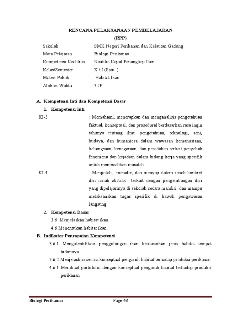 Rencana Pelaksanaan Pembelajaran (RPP) : Biologi Perikanan | PDF