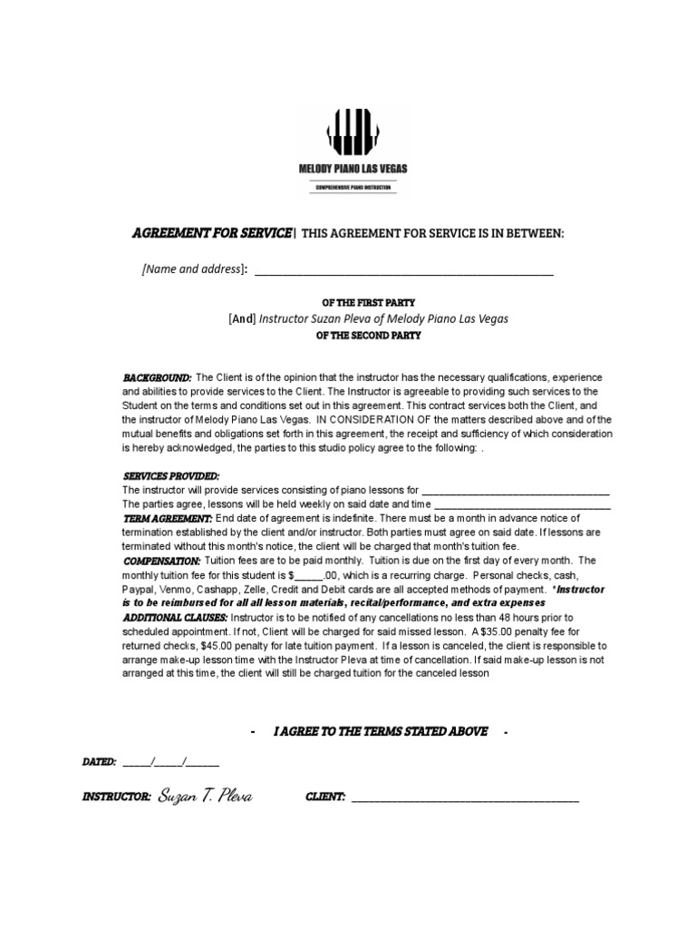 Piano Lesson Agreement | PDF | Fee | Payments