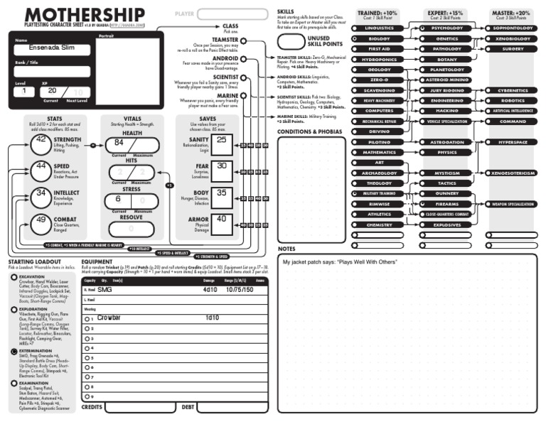 Mothership Character Sheet Form | PDF