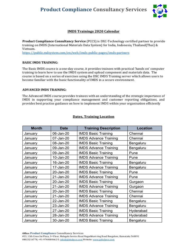 India IMDS Trainings Dates and Location - Year 2020 | PDF | Bangalore ...