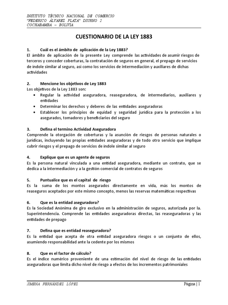 Cuestionario de La Ley 1883 | PDF | Seguro | Póliza de seguros
