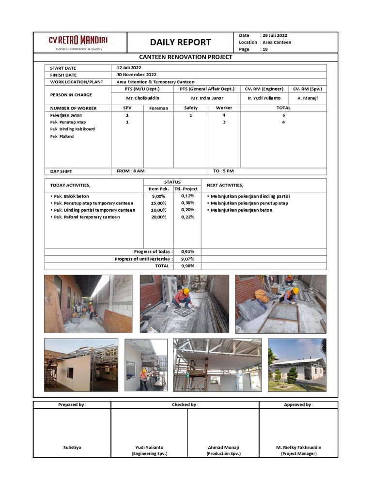 Daily Progress Report: Canteen Renovation Project at Area Extention | PDF