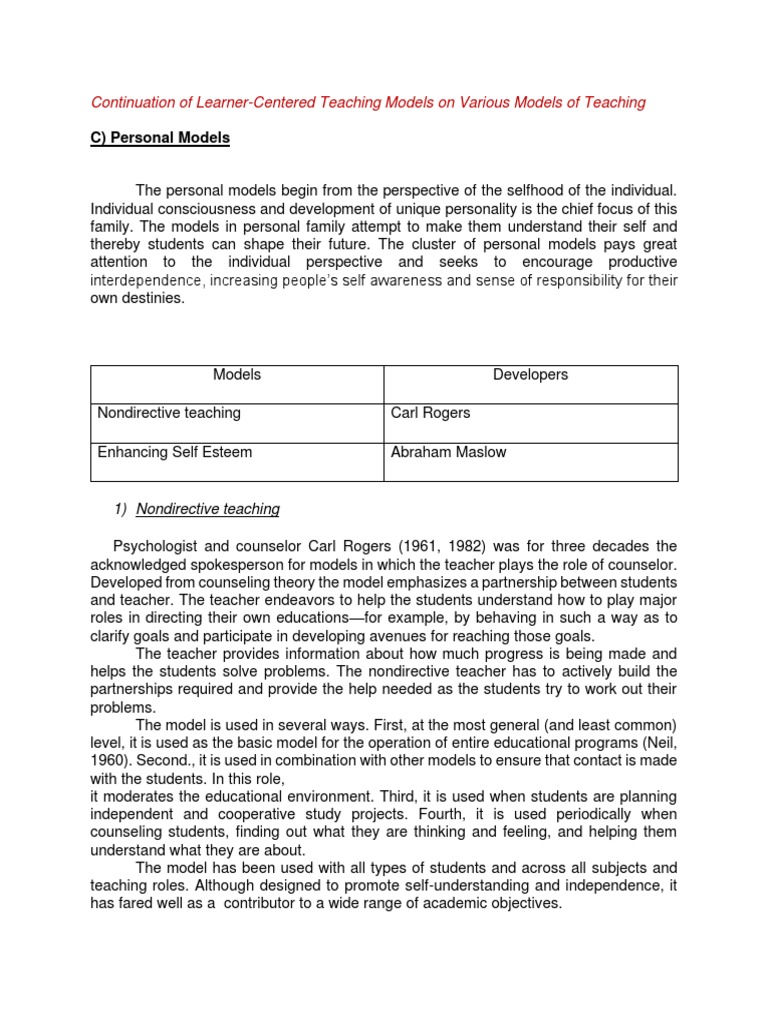 C) Personal Models: Continuation of Learner-Centered Teaching Models On ...