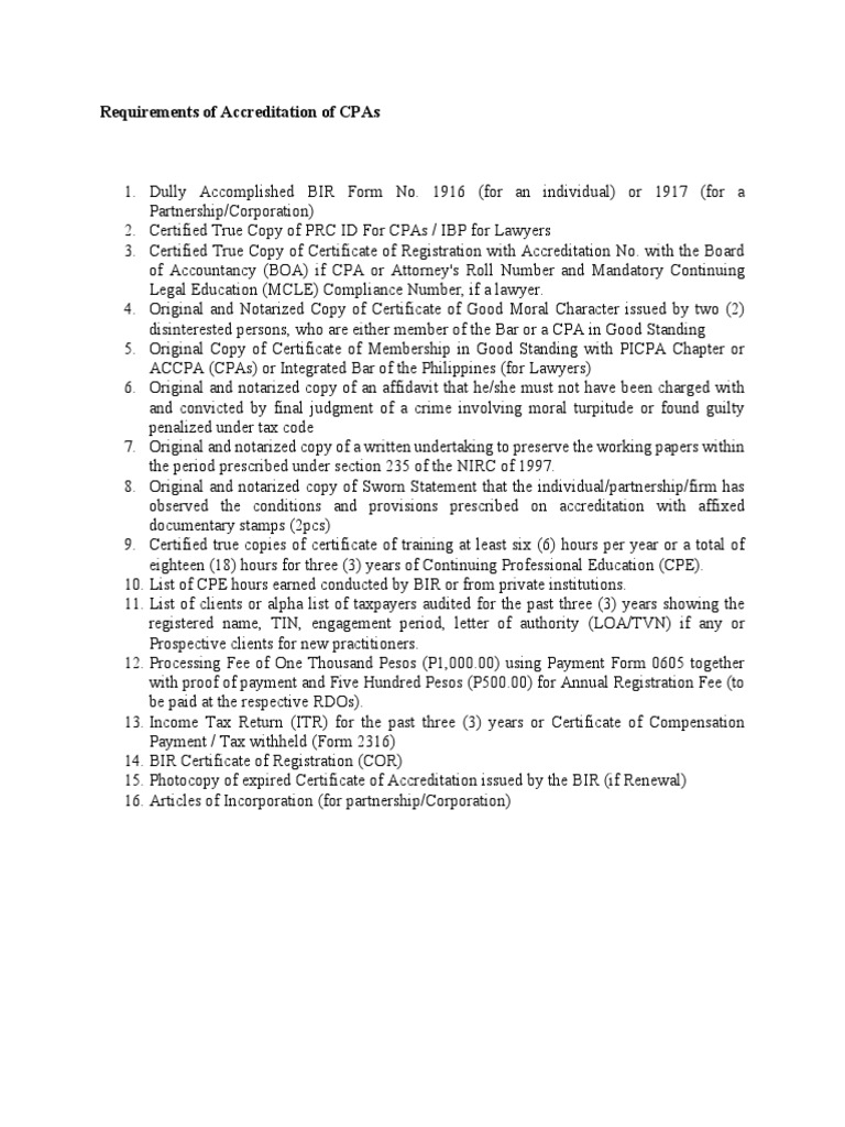 BIR CPA Accreditation Requirements 2024 | PDF