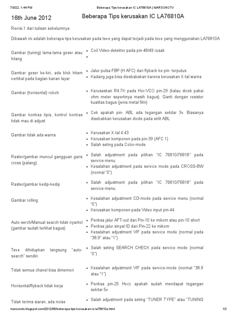 Beberapa Tips Kerusakan IC LA76810A - MARSONOTV | PDF