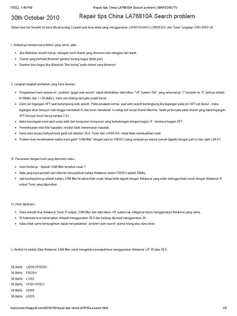 Repair Tips China LA76810A Search Problem - MARSONOTV | PDF
