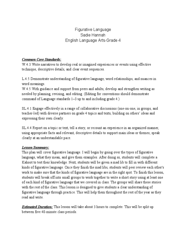 Figurative Language Lesson Plan | PDF | Question | Differentiated ...