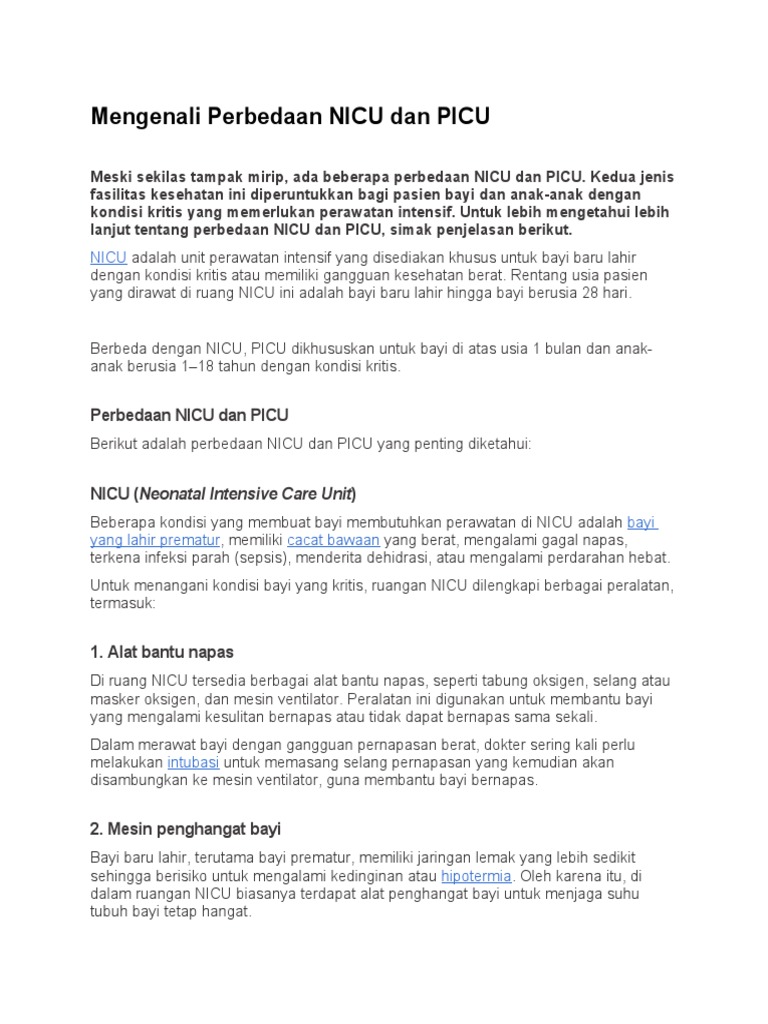 Mengenali Perbedaan NICU Dan PICU | PDF