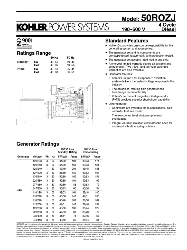 Kohler 50rozj Spec Sheet | PDF | Engines | Electrical Engineering