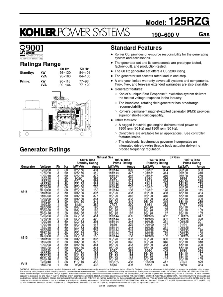 Kohler 125rzg Spec Sheet | PDF | Engines | Ignition System
