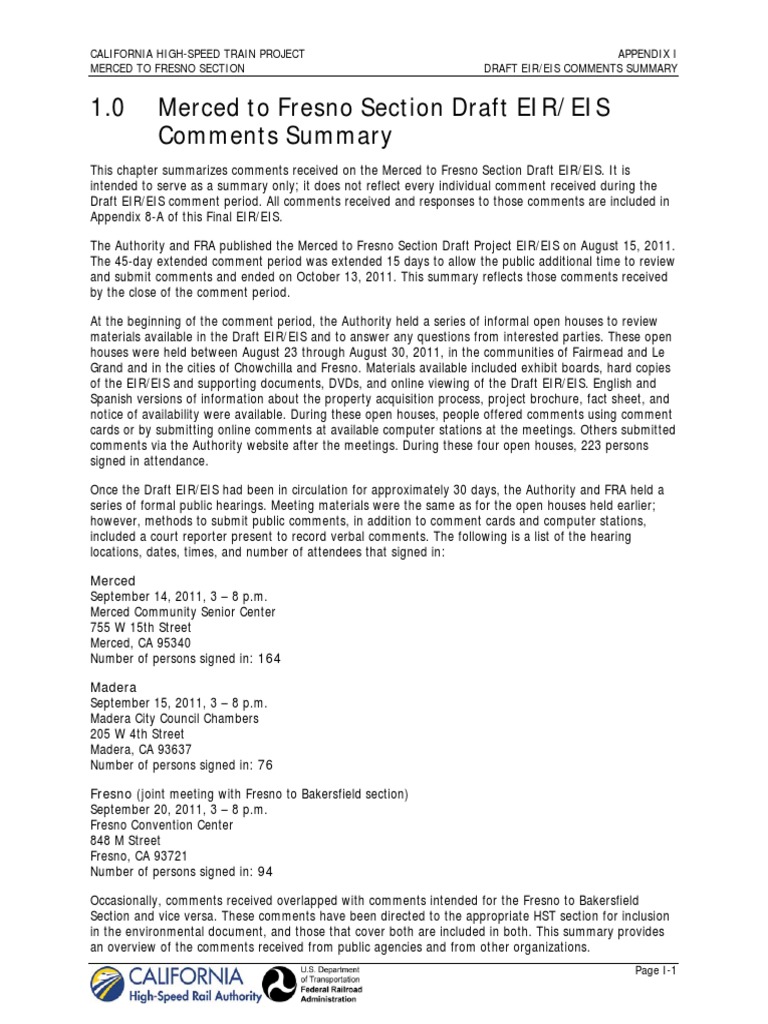1.0 Merced To Fresno Section Draft EIR/EIS Comments Summary | PDF ...