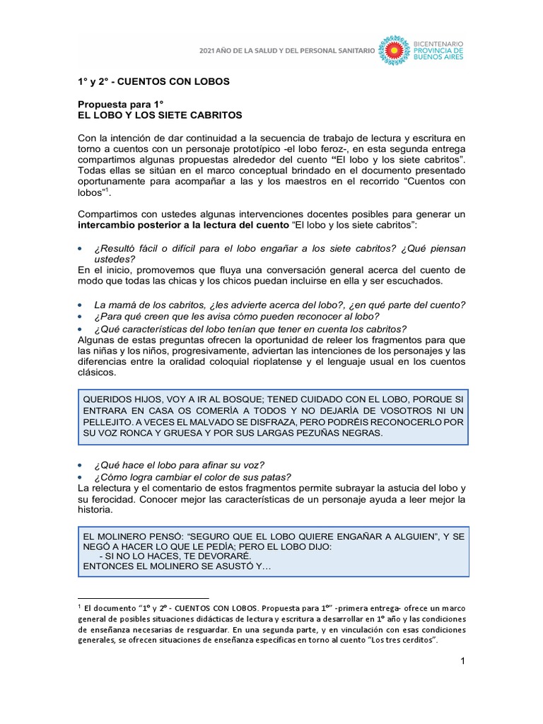 Cuentos con Lobos: Actividades 1° | PDF | Escritura | Método de enseñanza