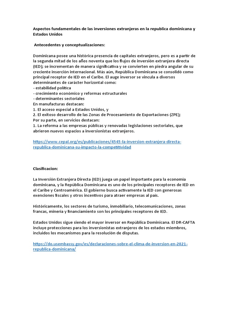 Aspectos Fundamentales de Las Inversiones Extranjeras en La Republica ...