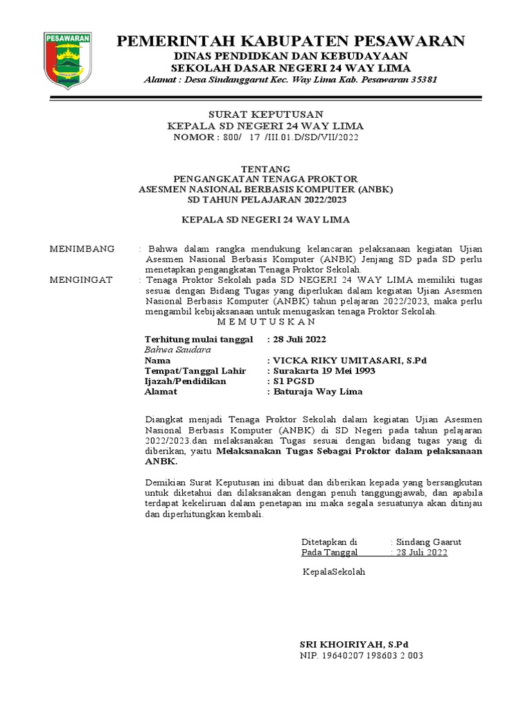 Pengangkatan Proktor ANBK SD 2022/2023 | PDF