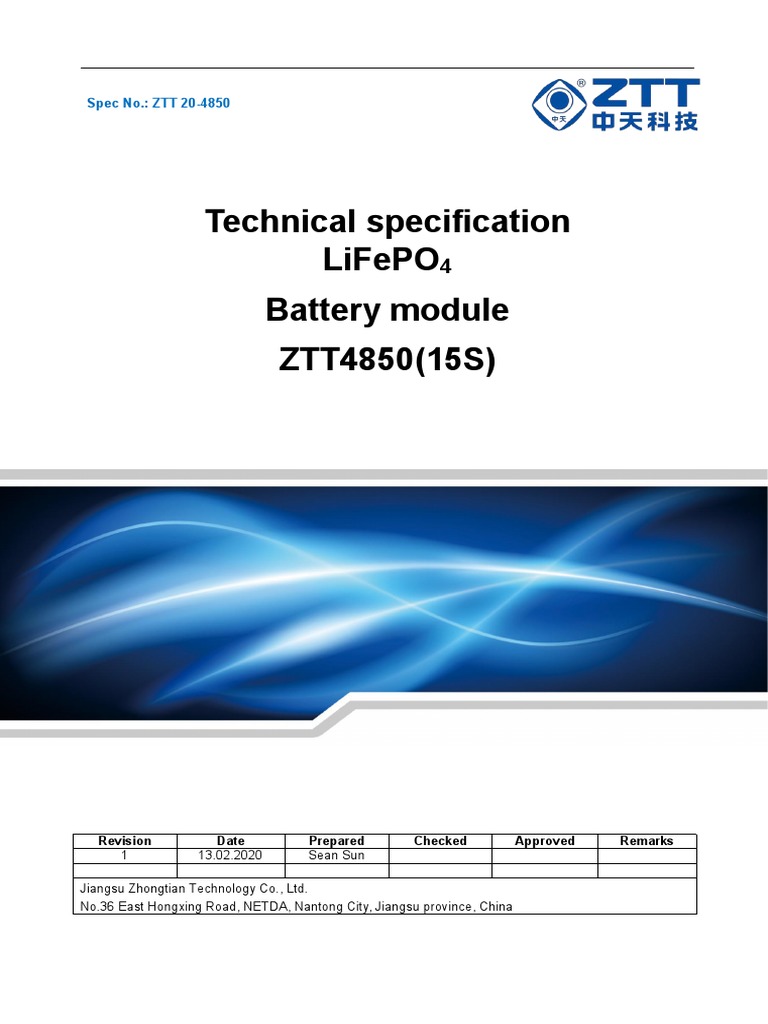 Technical Specification Lifepo Battery Module Ztt4850 (15S) | Download ...
