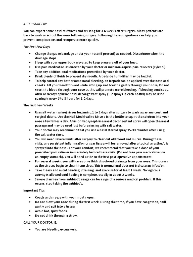 Post-Operative Care Instructions for Nasal Surgery Patients | PDF ...